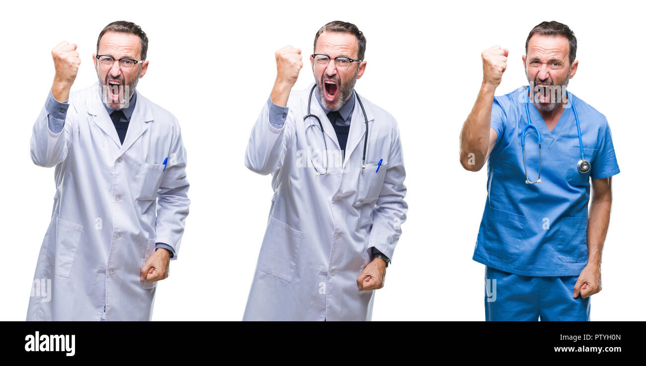 Collage of handsome senior hoary doctor man wearing surgeon uniform ...