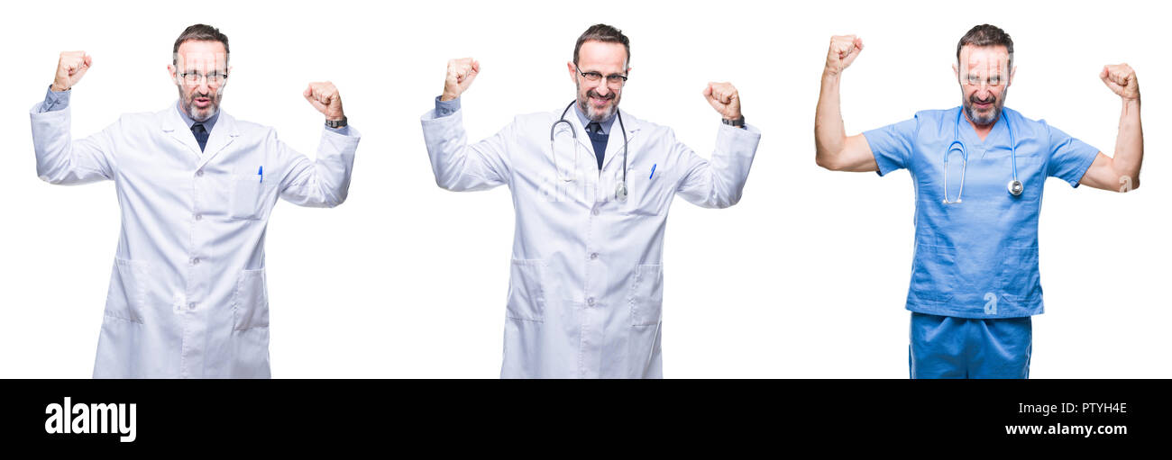 Collage of handsome senior hoary doctor man wearing surgeon uniform ...