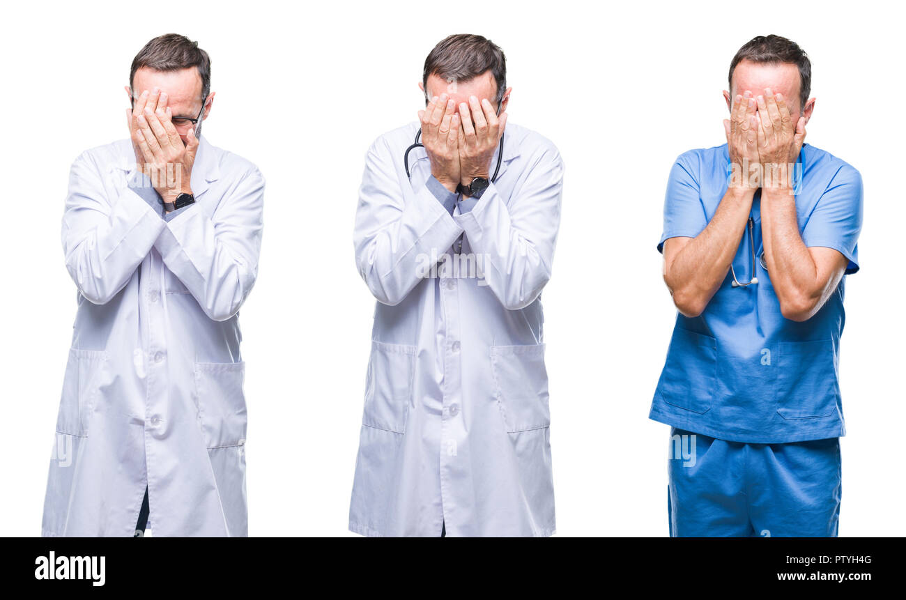 Collage of handsome senior hoary doctor man wearing surgeon uniform ...