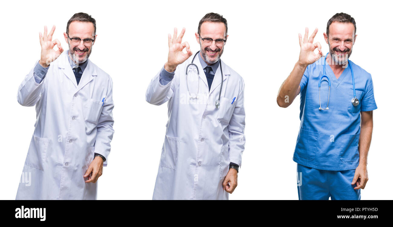 Collage of handsome senior hoary doctor man wearing surgeon uniform ...
