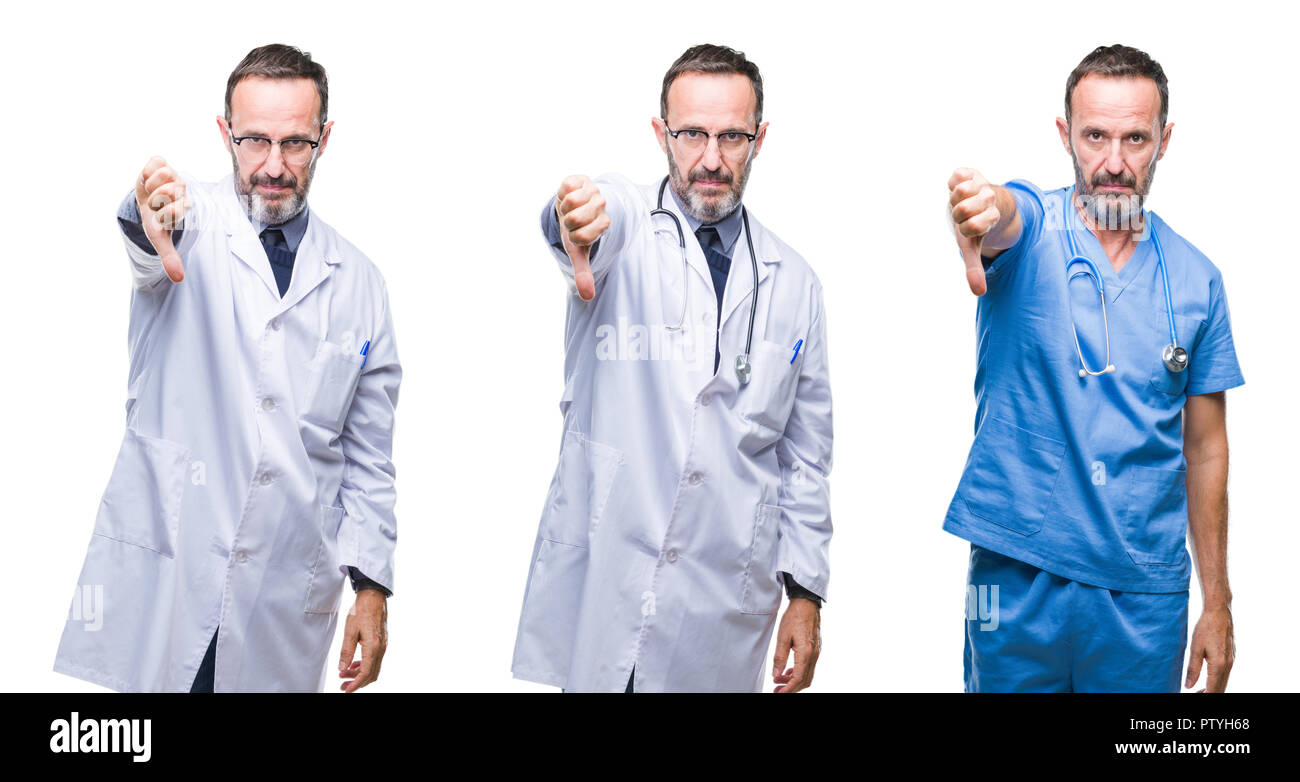 Collage of handsome senior hoary doctor man wearing surgeon uniform ...