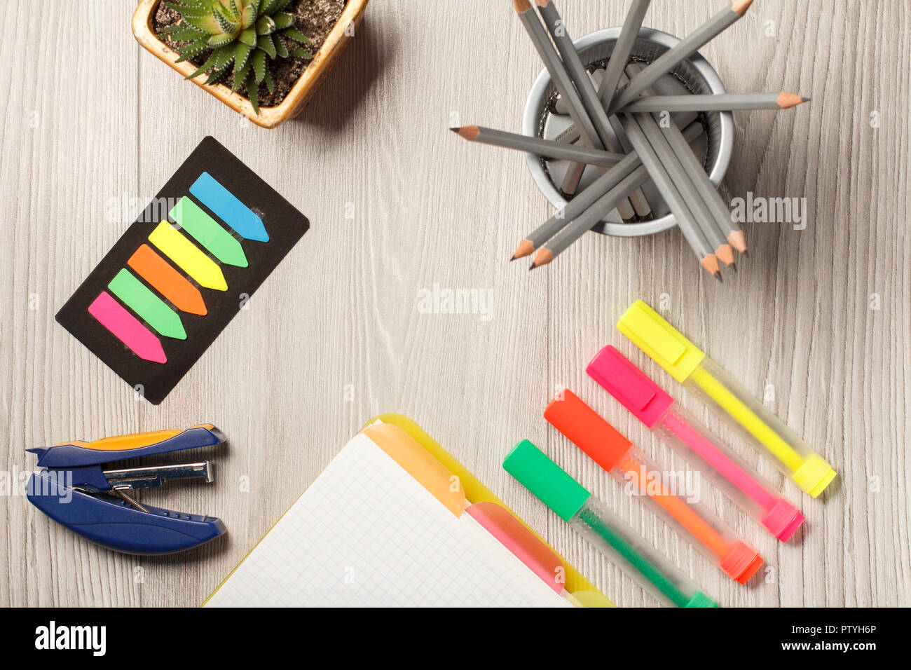 School and office work supplies. Stapler, color bookmarks, houseplant ...