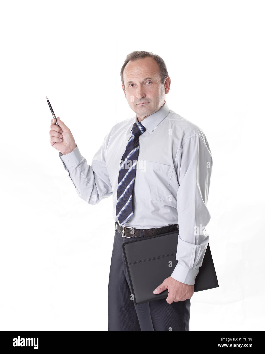 serious businessman pointing marker at copy space. isolated on white ...
