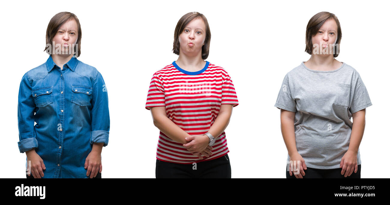 Collage of down sydrome woman over isolated background puffing cheeks ...