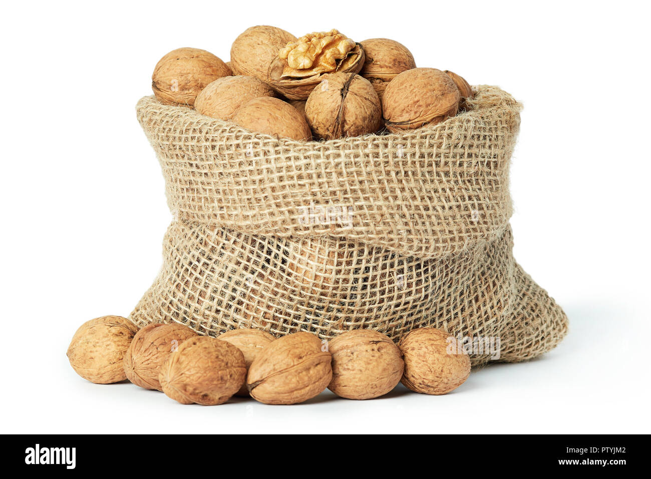 Whole walnuts (in shell) in burlap sack isolated on white background ...