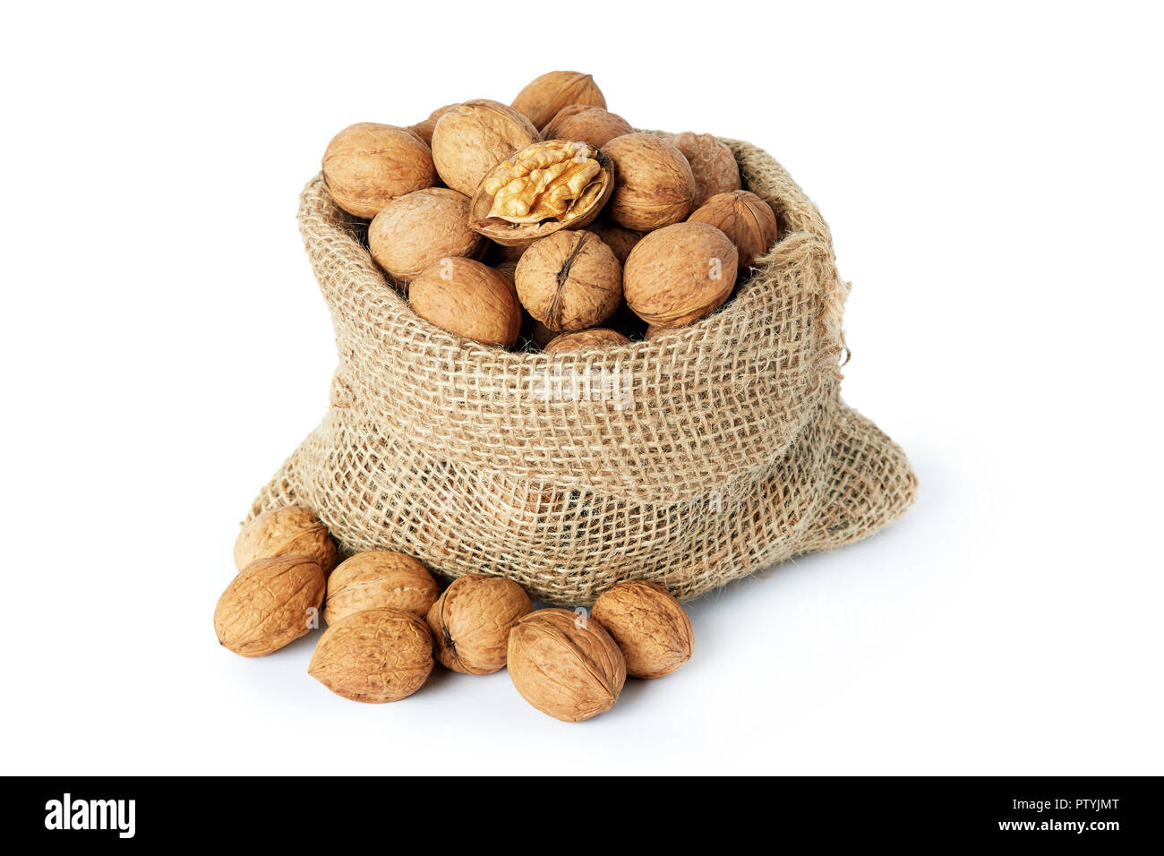 Whole walnuts (in shell) in burlap sack isolated on white background ...