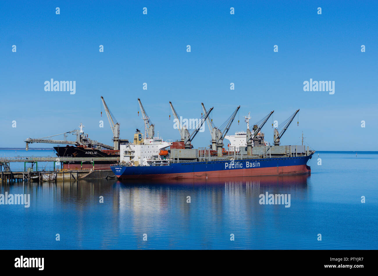 Ships loading by conveyor at deep sea port of Thevenard near Ceduna ...
