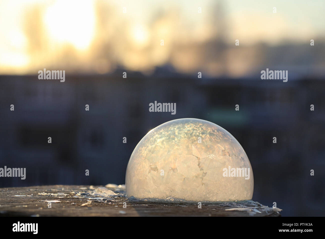 Soap bubbles freeze in the cold. Winter soapy water freezes in air ...