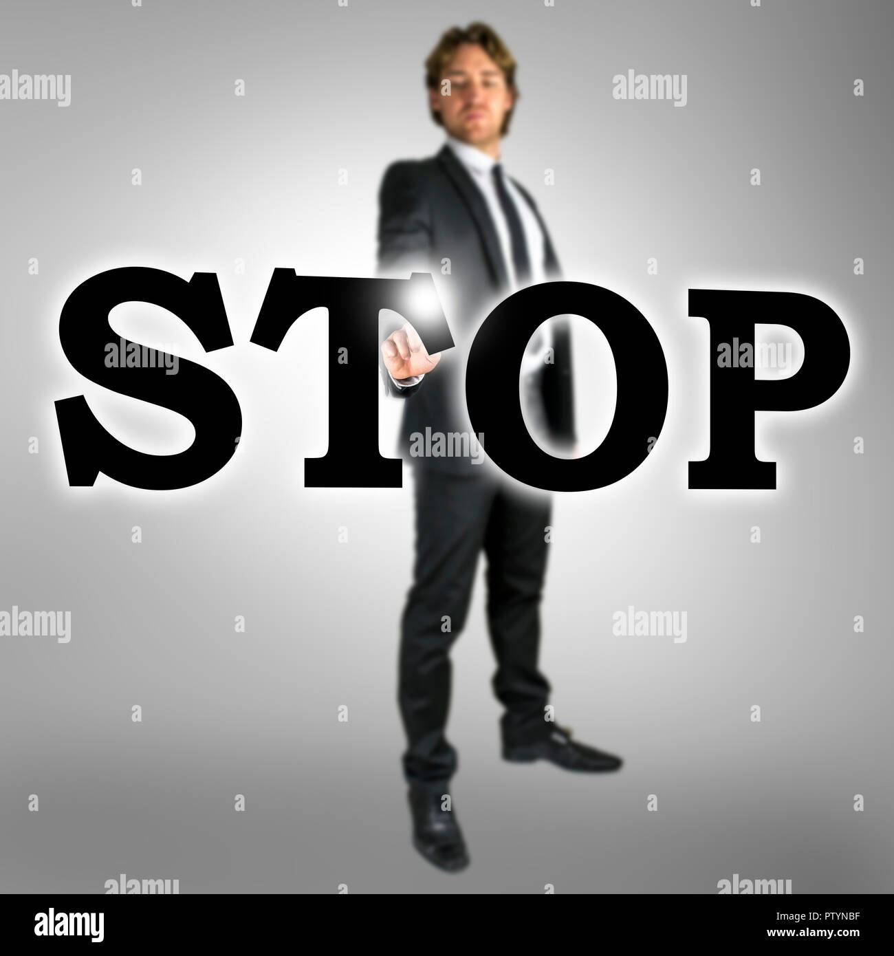 Stop written in large black capital letters on a virtual interface with ...