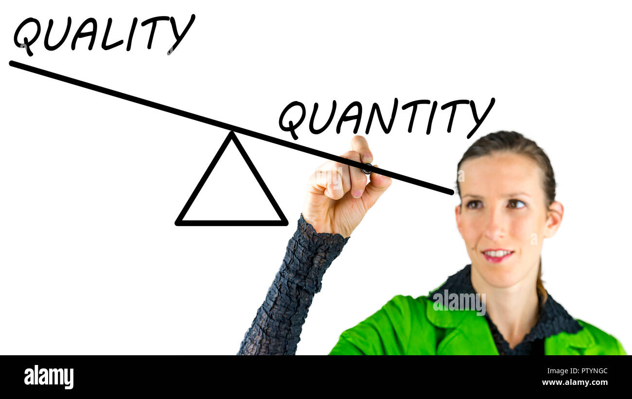 Young female drawing scale showing quality over quantity concept Stock ...