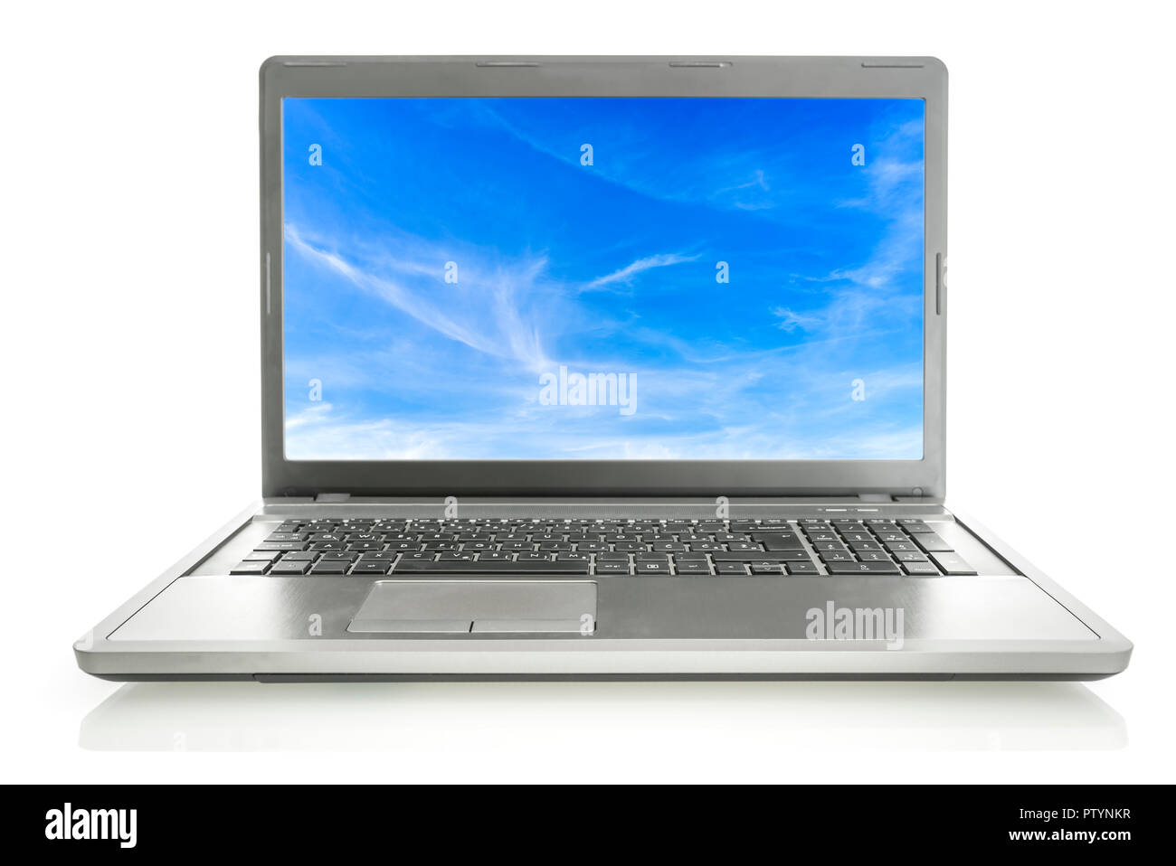 Open laptop with sky screen saver isolated over white background Stock ...