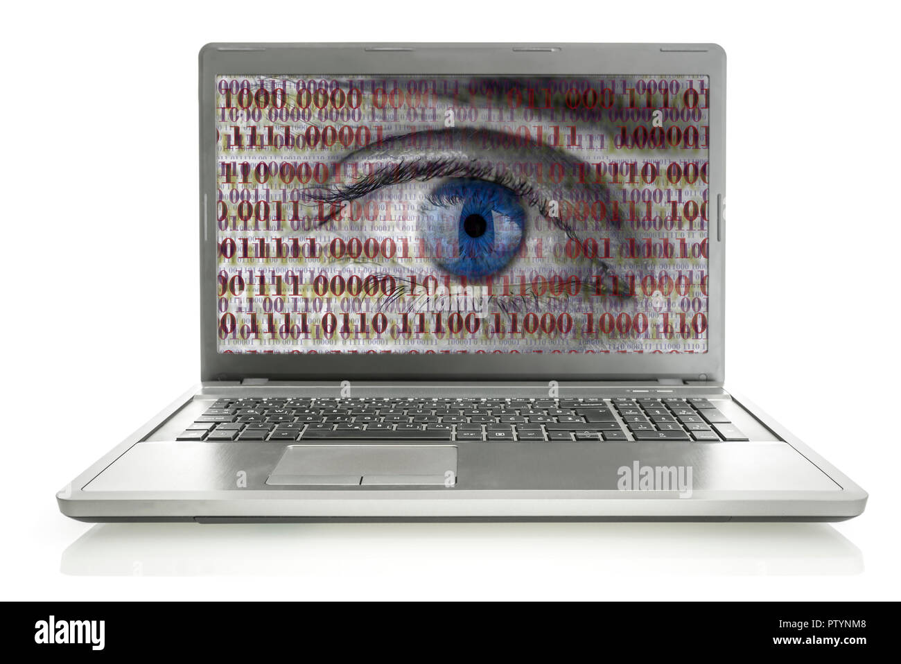 Human eye with digital binary code on laptop monitor. Concept of ...