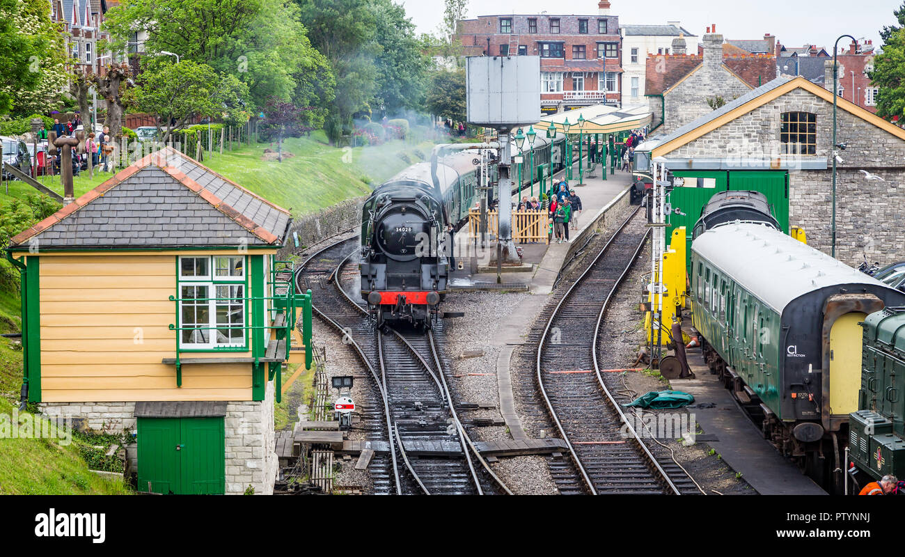 Steam locomotive Eddystone pulling out of Swanage station taken in ...
