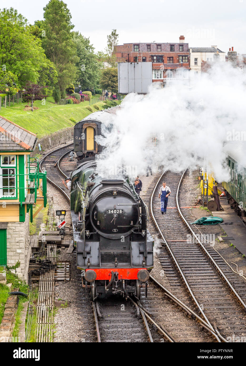 Steam locomotive Eddystone pulling out of Swanage station taken in ...