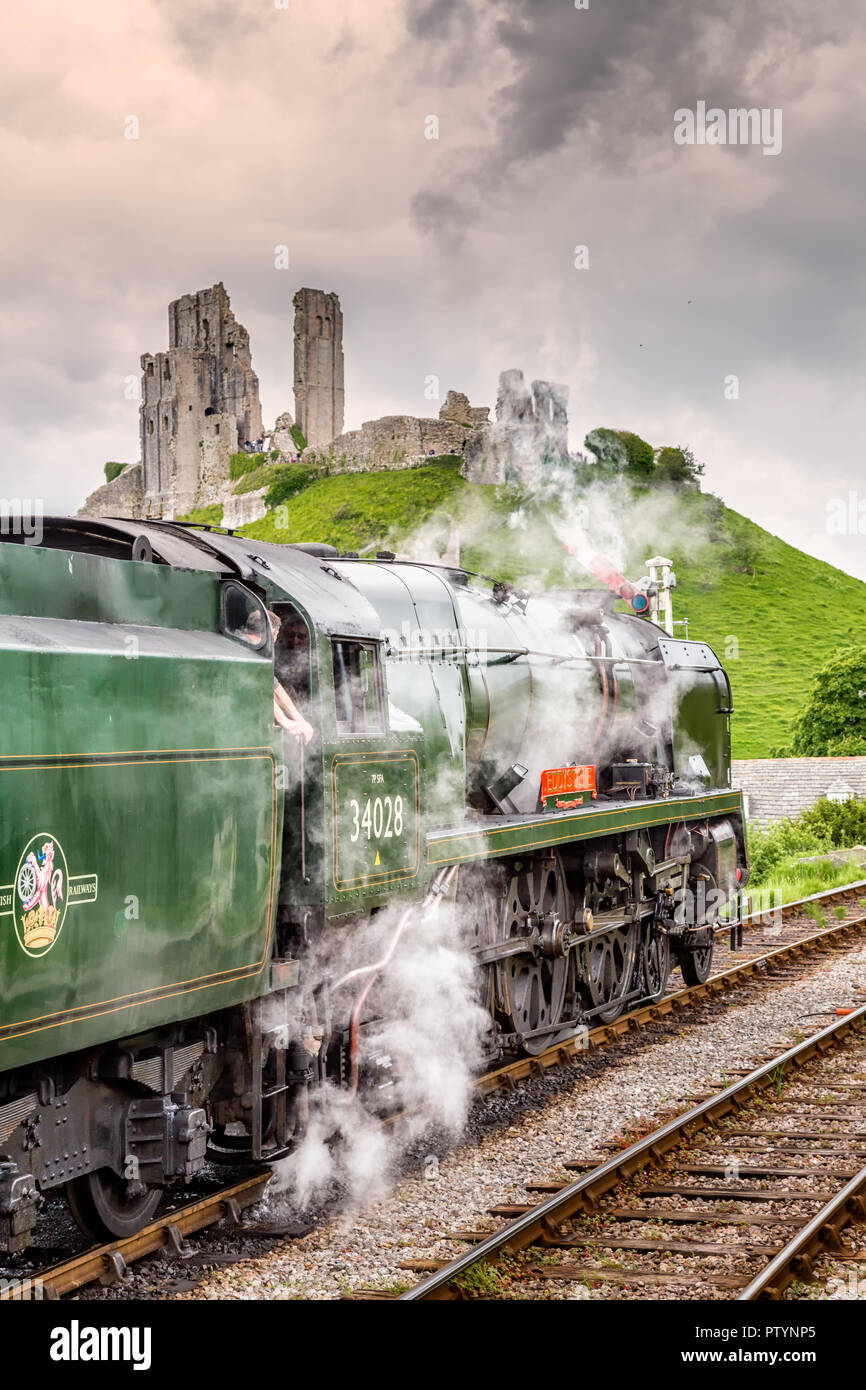 Steam locomotive Eddystone pulling out of Corfe Castle station taken in ...
