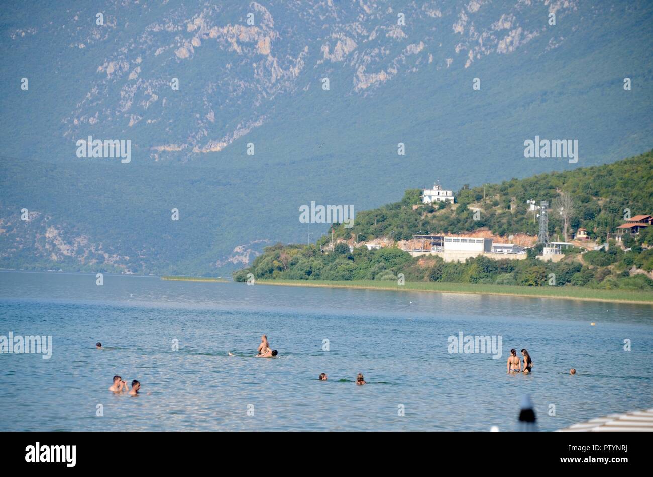 swimmers in lake ohrid near Kjafasan border crossing in pogradec ...