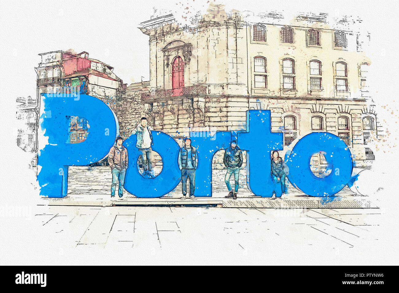 Illustration of the letter Porto and people next to them in the city of ...