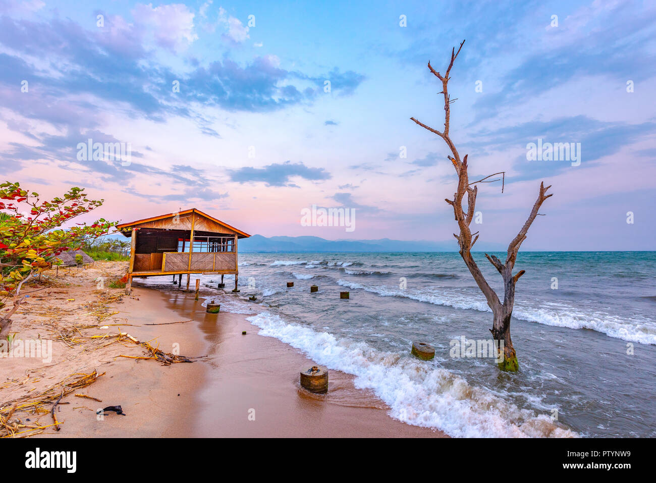 Burundi Bujumbura lake Tanganyika, windy cloudy sky and sand beach at ...