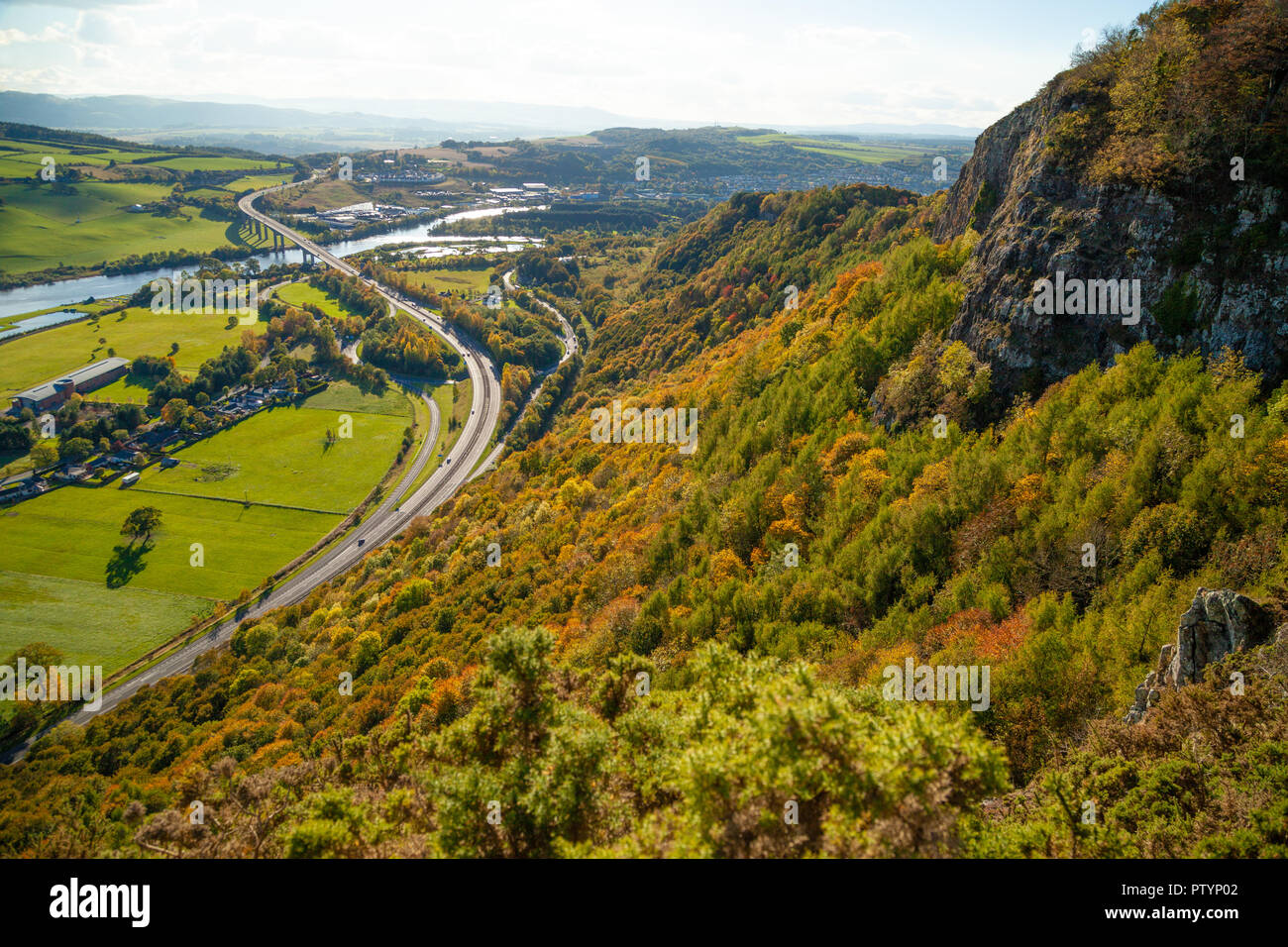 Kinnoull Hill and tower over looking the A90 and River Tay near Perth ...