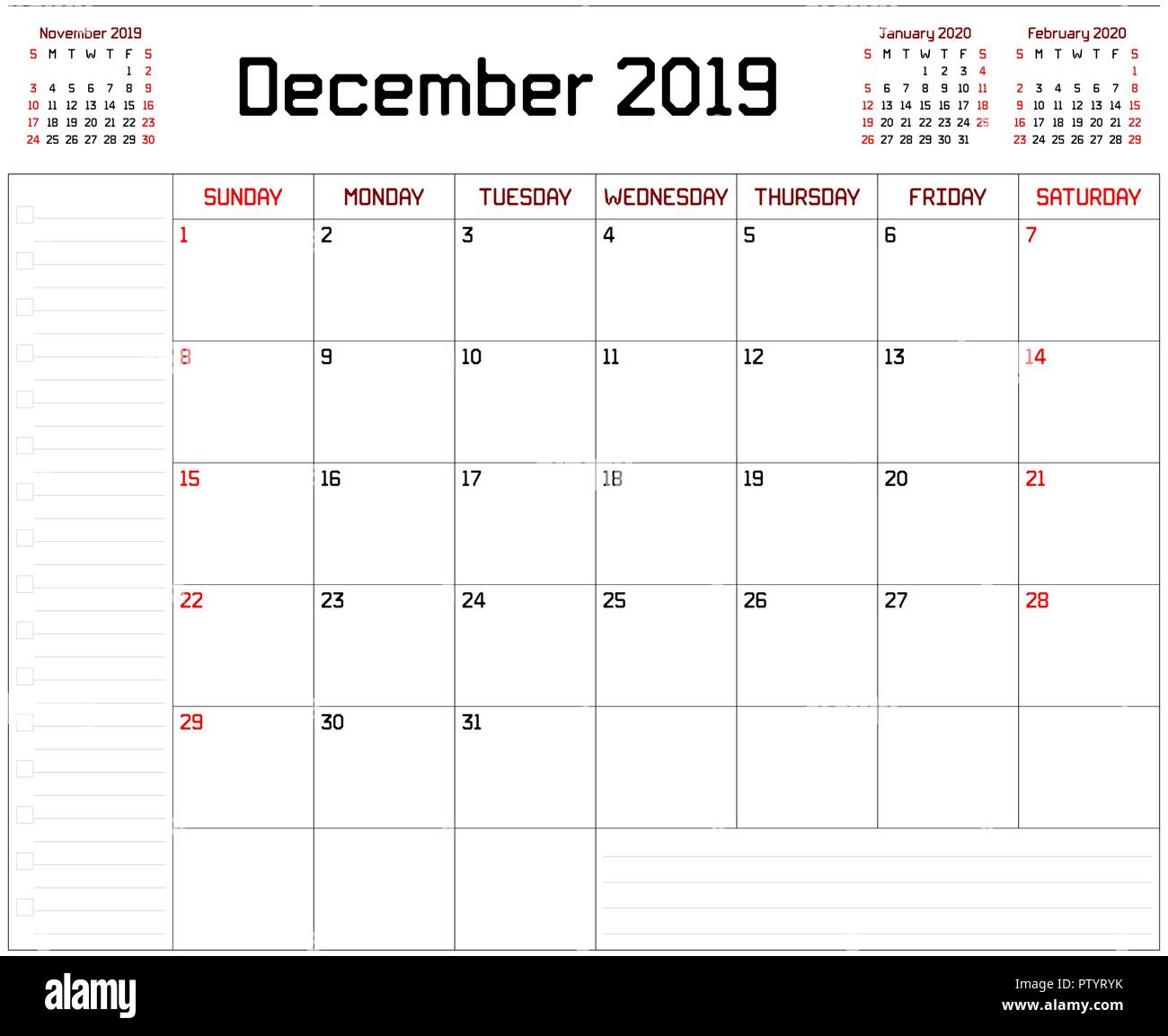 A monthly planner calendar for December 2019 on white background. A ...