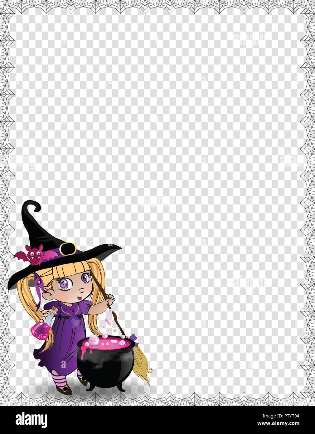 Vector illustration of little kawaii witch baby girl with broom and ...