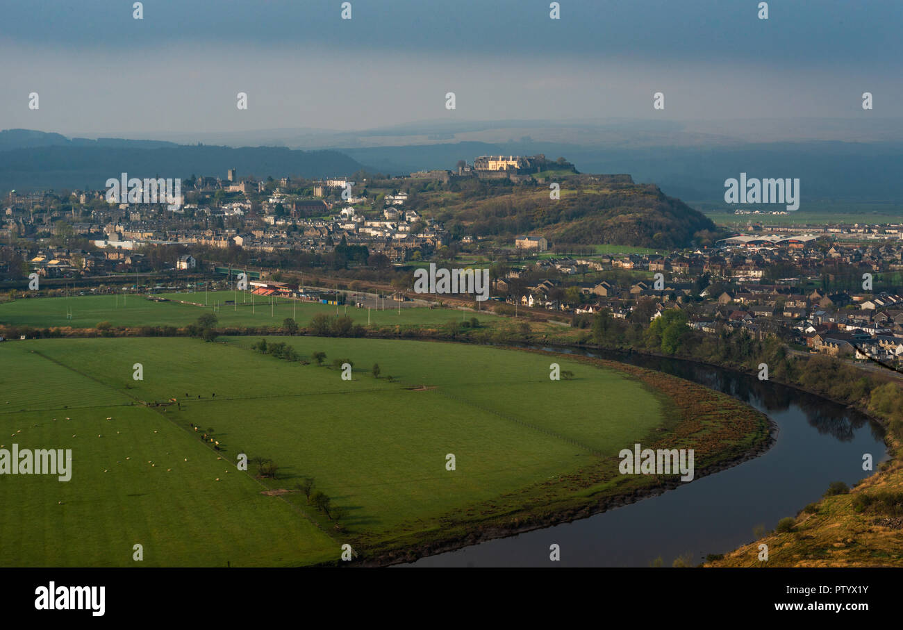 View over city of Stirling with Castle Stirling and River Forth, view ...