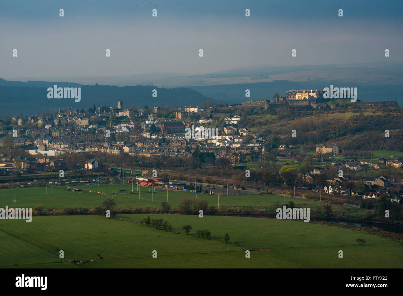 View over city of Stirling with Castle Stirling and River Forth, view ...