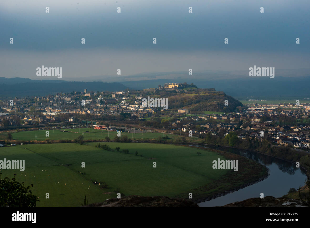 View over city of Stirling with Castle Stirling and River Forth, view ...