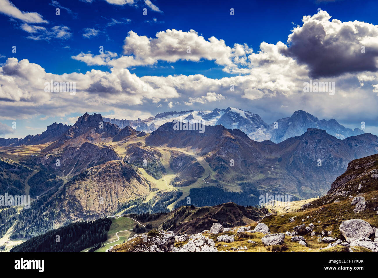 Wide angle photo of the Dolomites, Italy, with view to the Marmolada ...