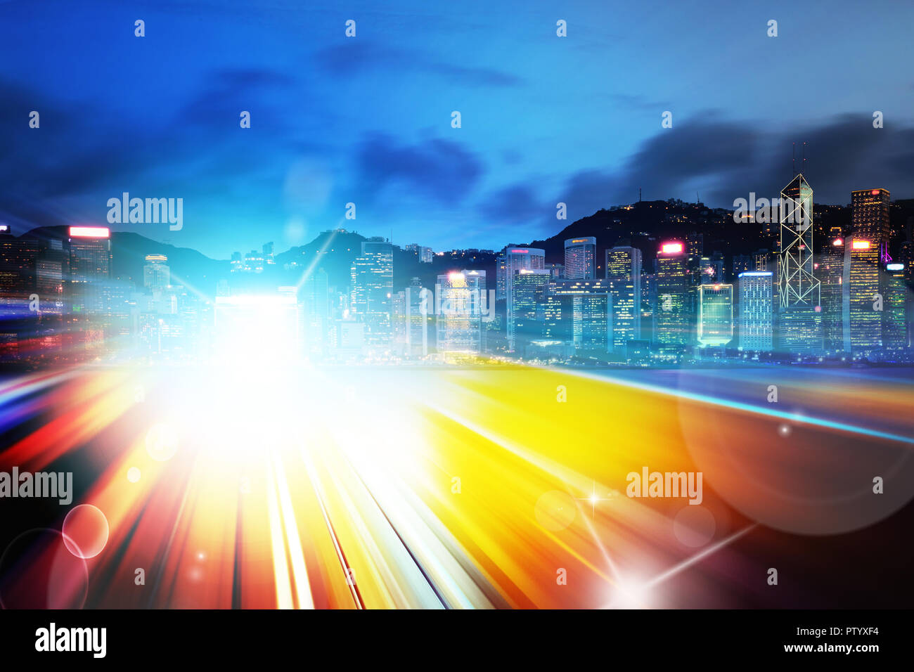 Abstract Light trails background with Hong Kong City scraper. double ...