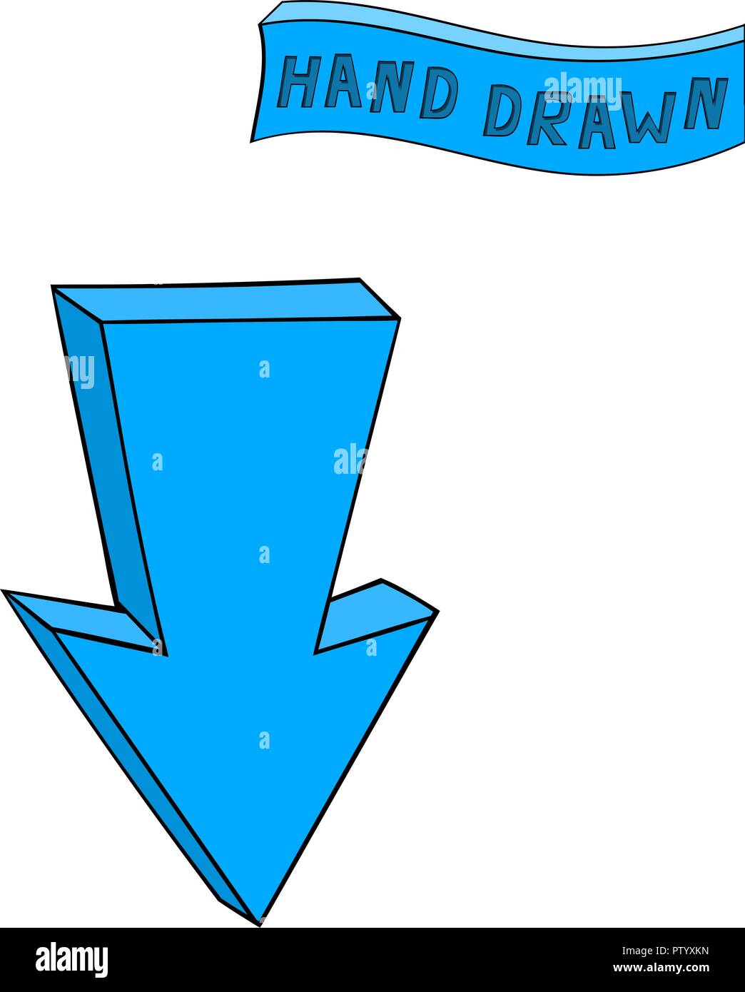 Arrow. Blue Down sign. Hand drawn sketch. Vector illustration isolated ...