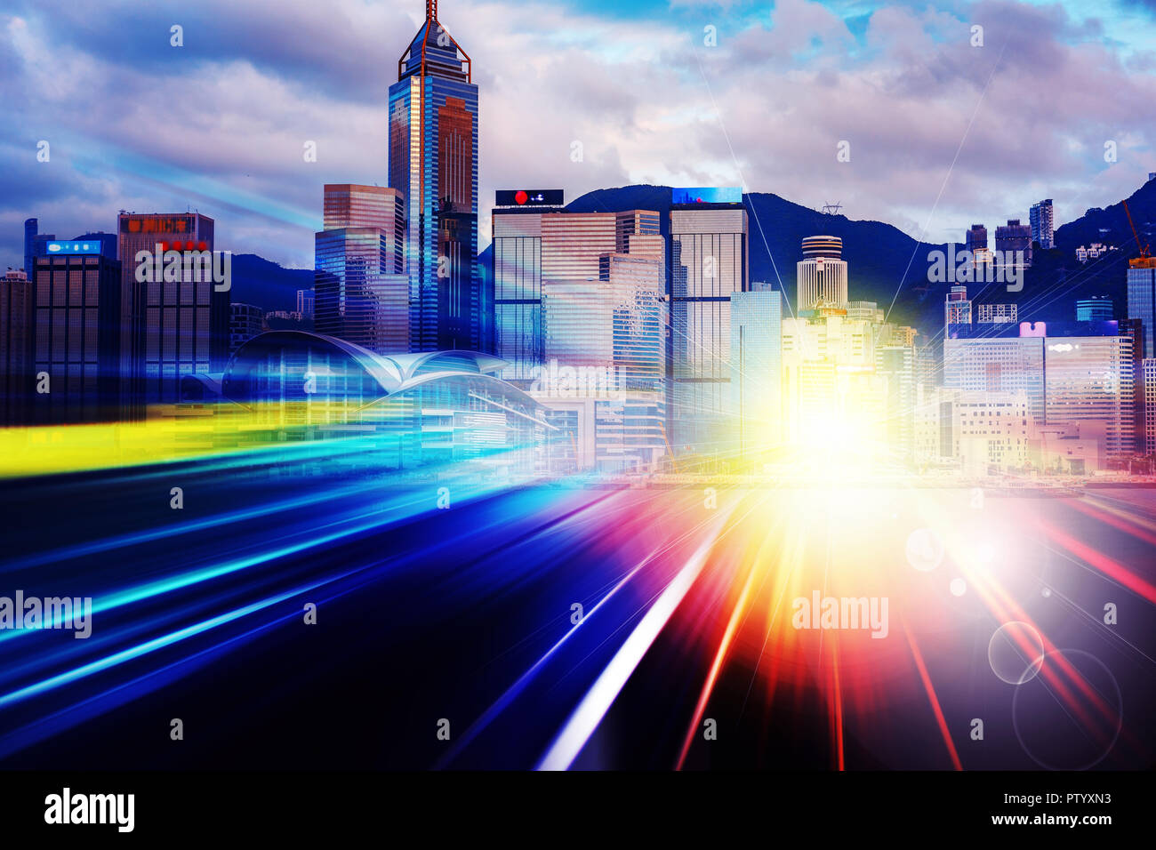 Abstract Light trails background with Hong Kong City scraper. double ...