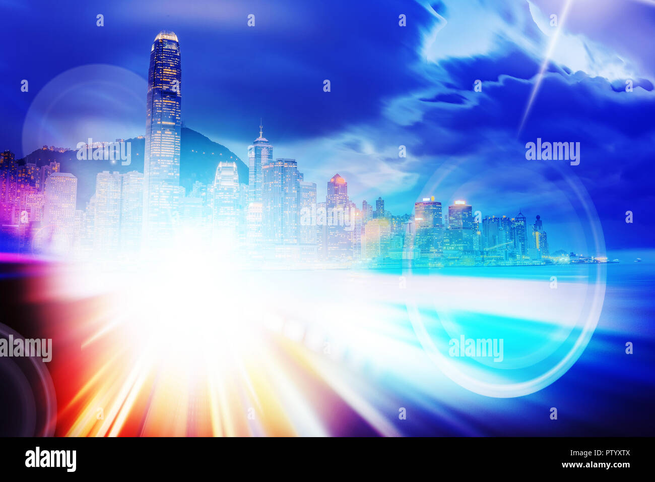 Abstract Light trails background with Hong Kong City scraper. double ...