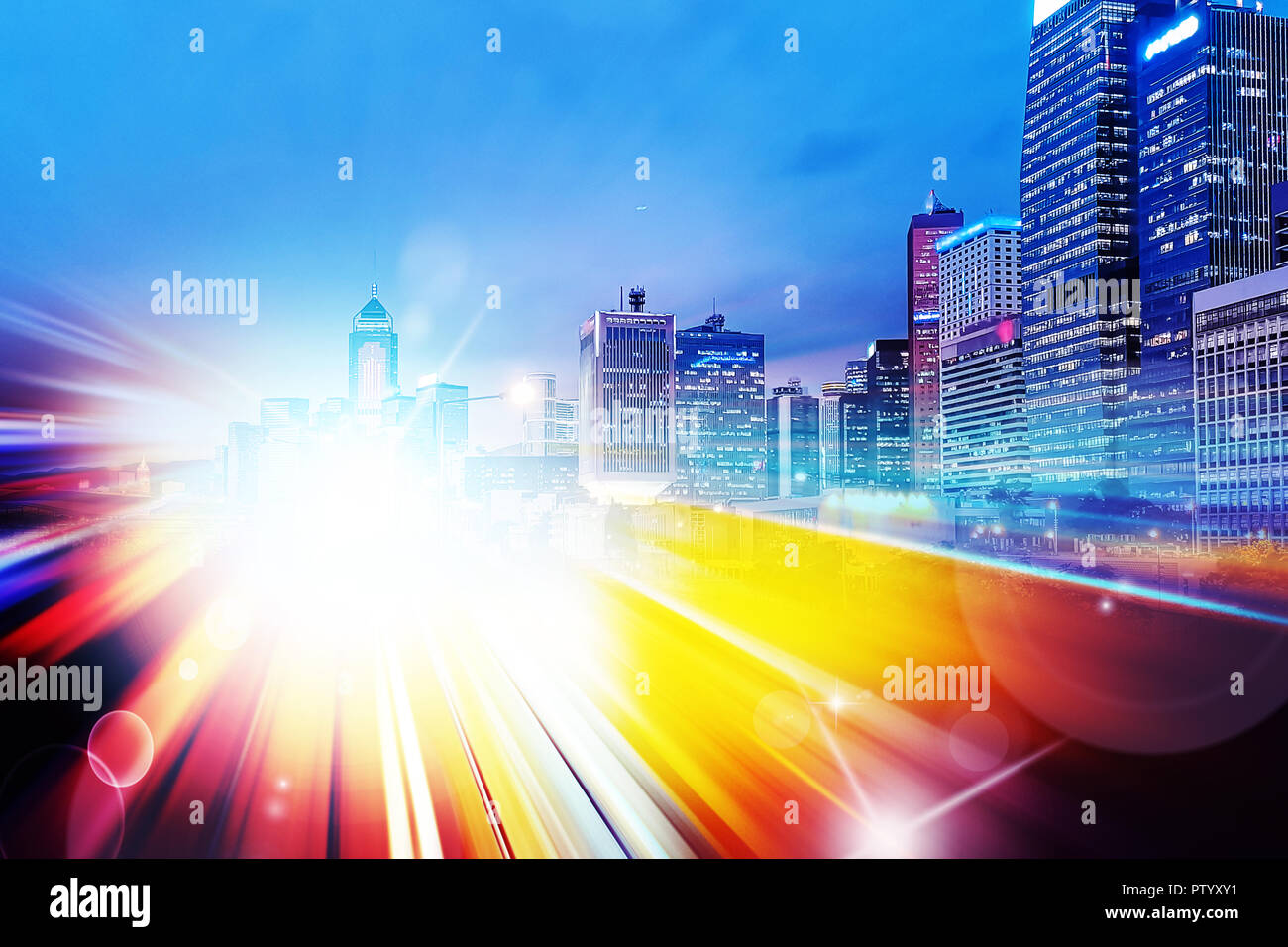 Abstract Light trails background with Hong Kong City scraper. double ...