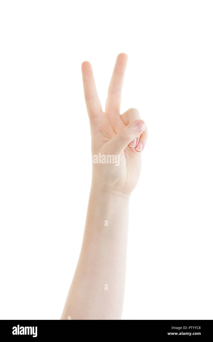 Female hand gesture peace two sign isolated on white background Stock ...