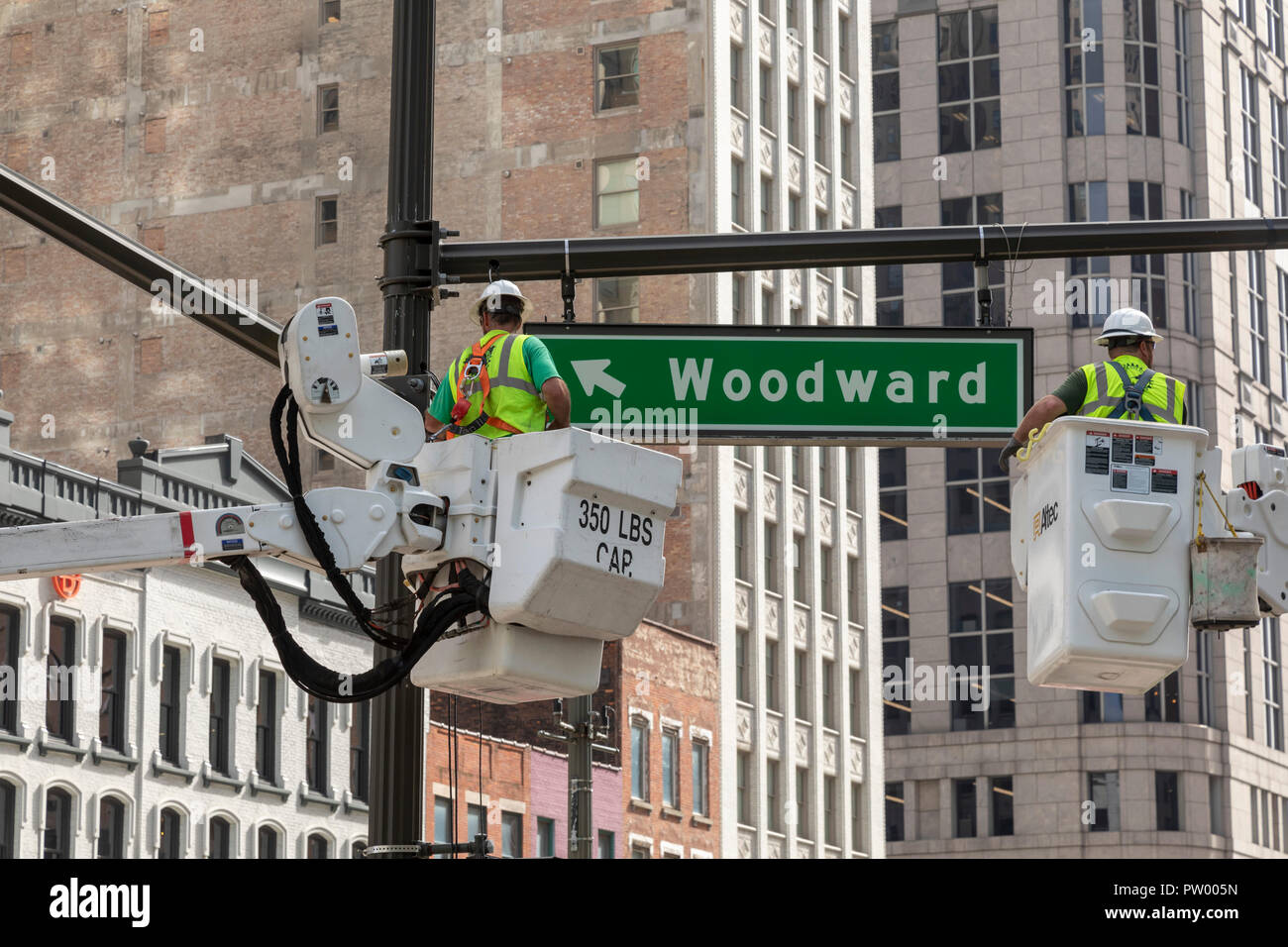 Detroit, Michigan - Workers prepare to string wire for traffic signals ...