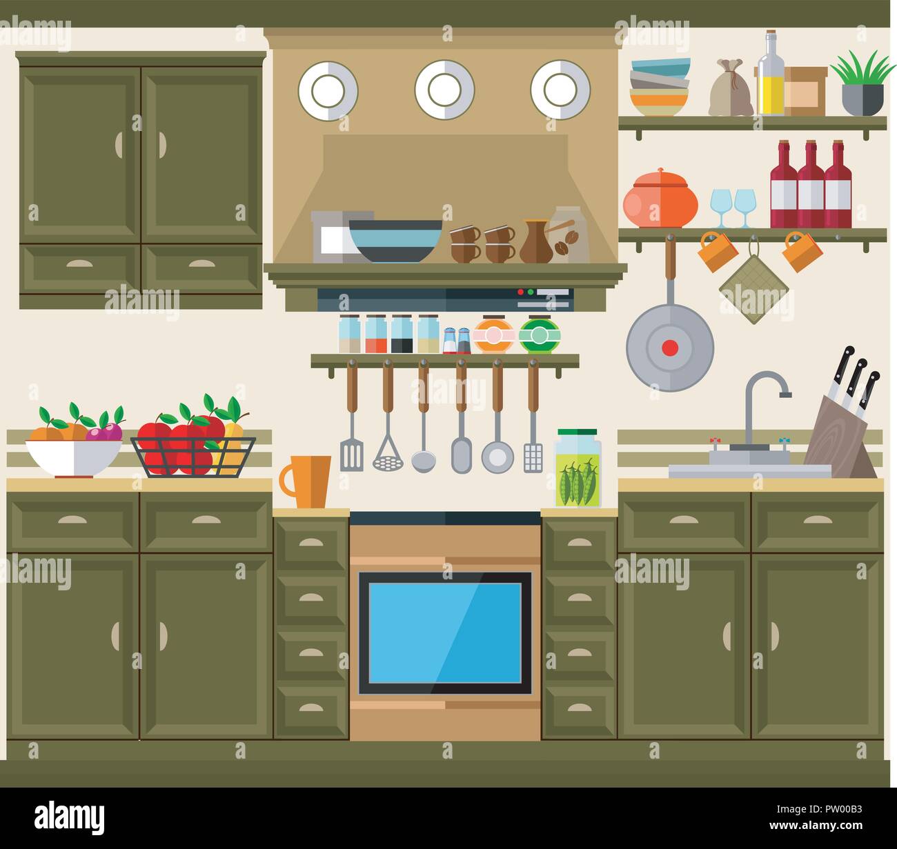 The kitchen is equipped with green cabinets, a stove and kitchenware ...