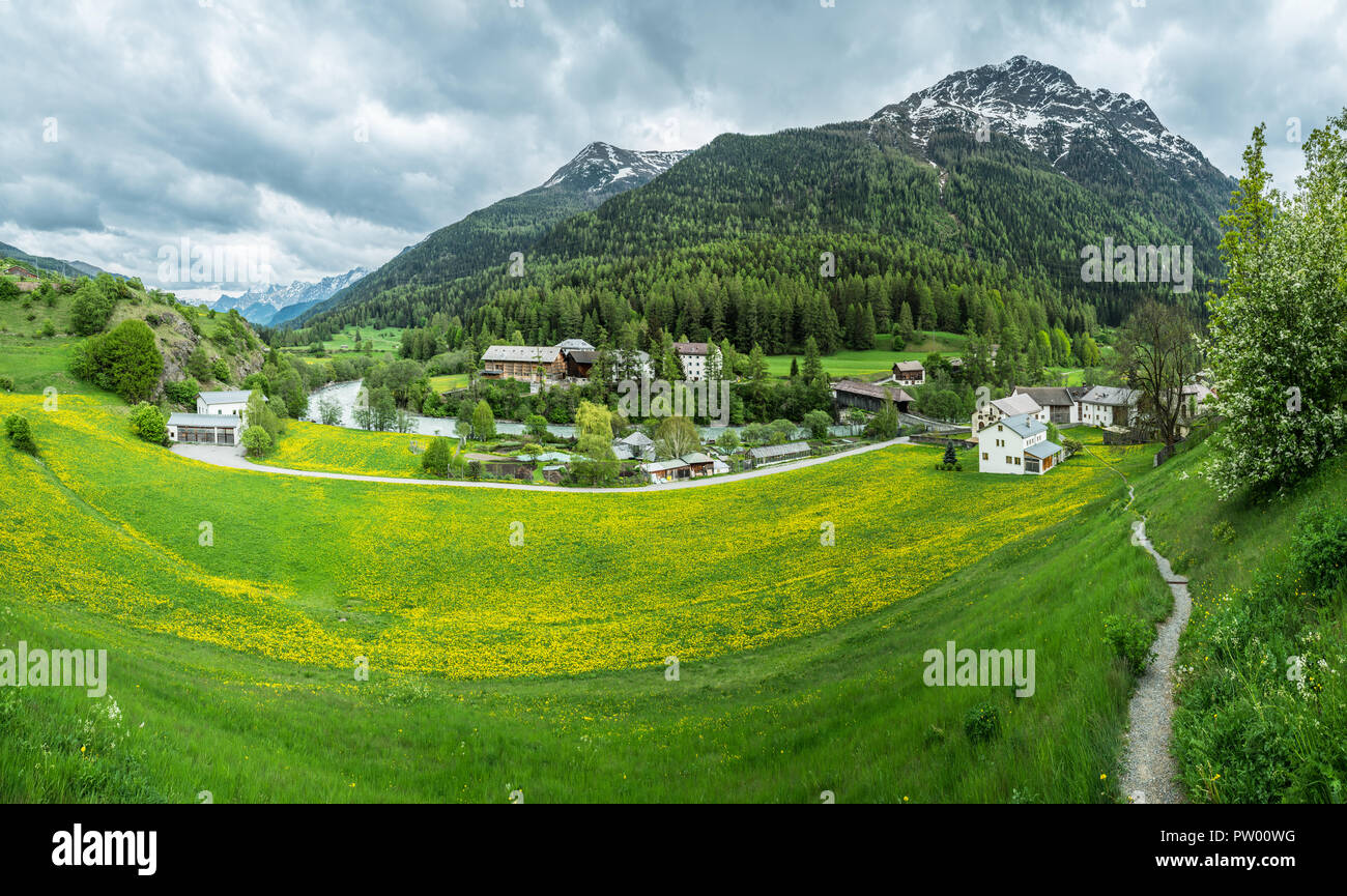 Lavin, Switzerland, May 13, 2018. Beautiful view of Lavin municipality ...