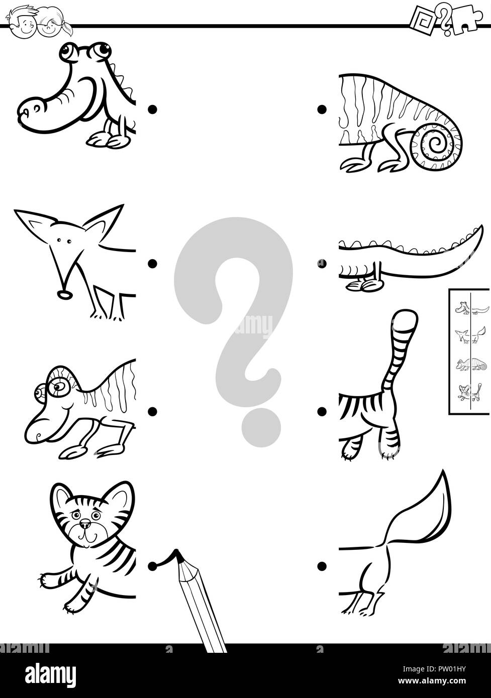 Black and White Cartoon Illustration of Educational Game of Matching ...