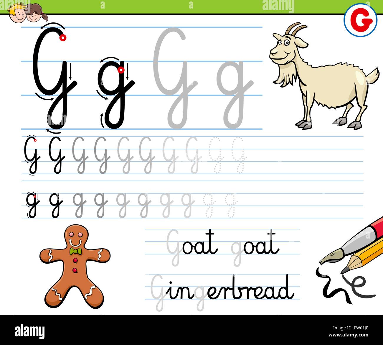Cartoon Illustration of Writing Skills Practice with Letter G for ...