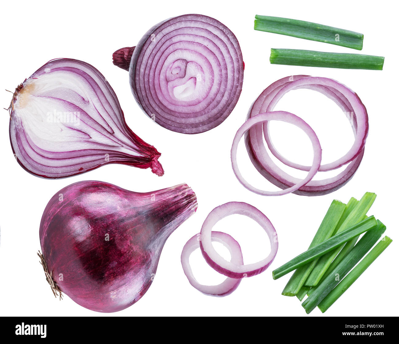 Red onion bulbs, cross sections of onion and spring onion on white ...
