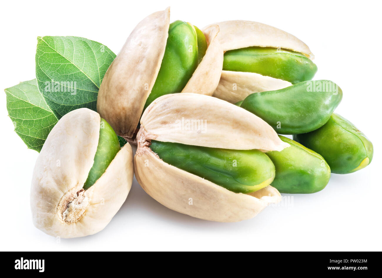 Green pistachio nuts with pistachio shell on white background Stock ...