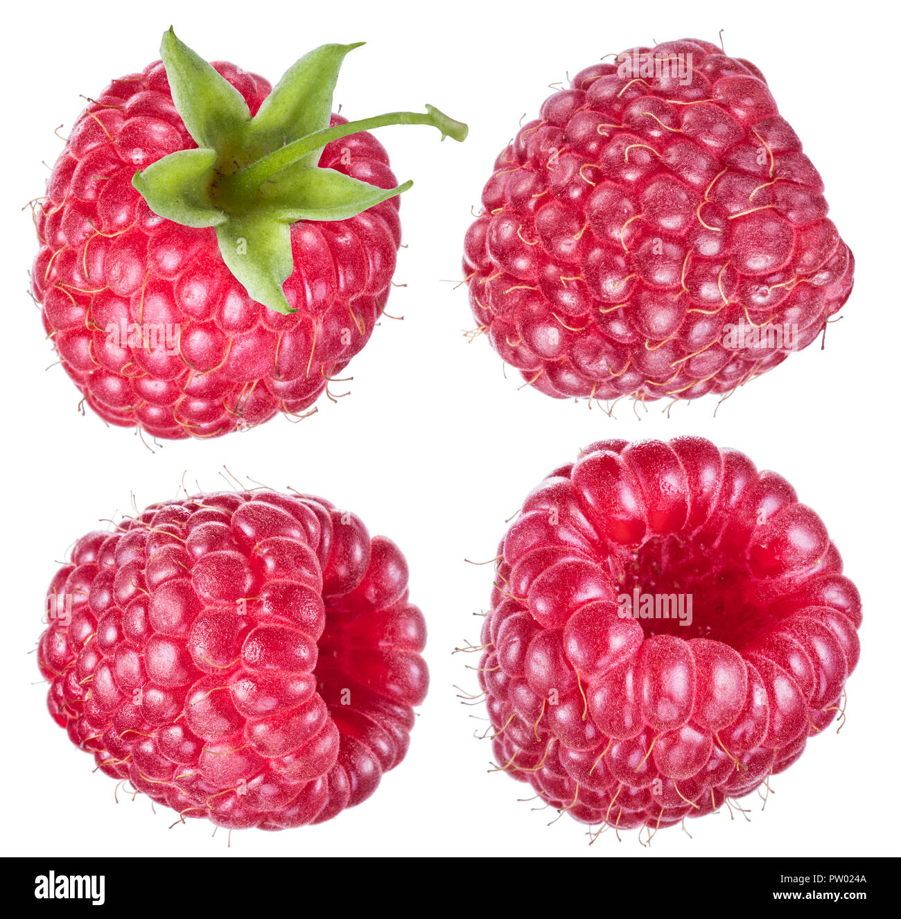 Set of four ripe raspberries isolated on white background. Organic food ...