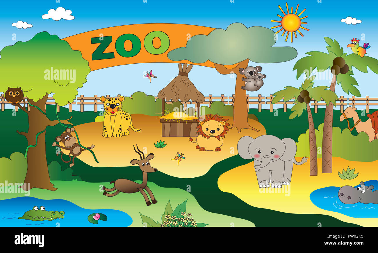 illustration of zoo with animal Stock Photo - Alamy