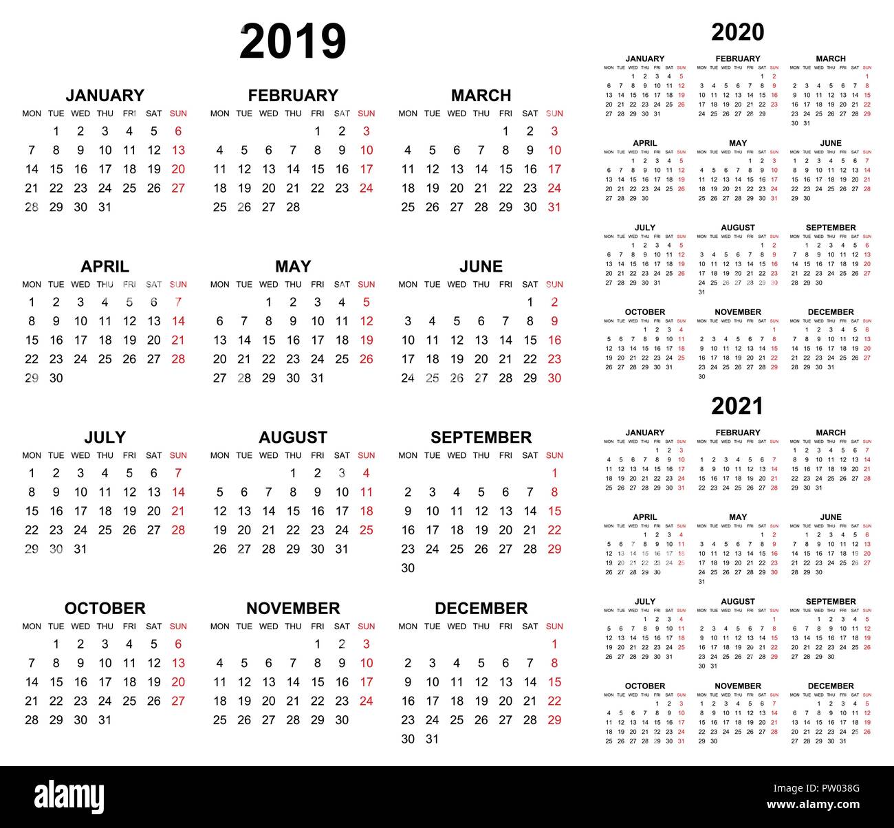 Simple editable vector calendars for year 2019 2020 2021 mondays first ...