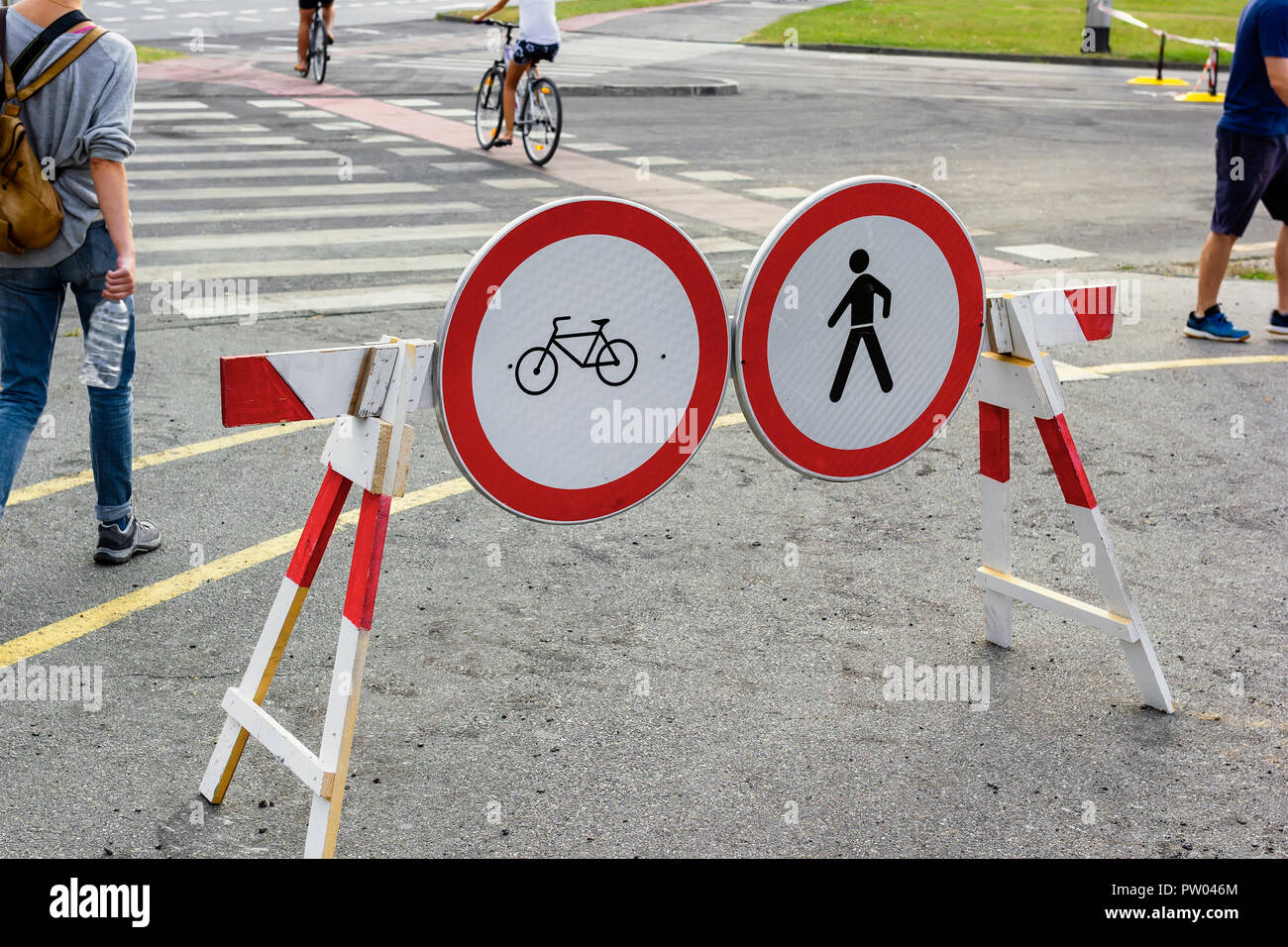 Pedestrian crossing with forbidden crossing signs for pedestrians and ...