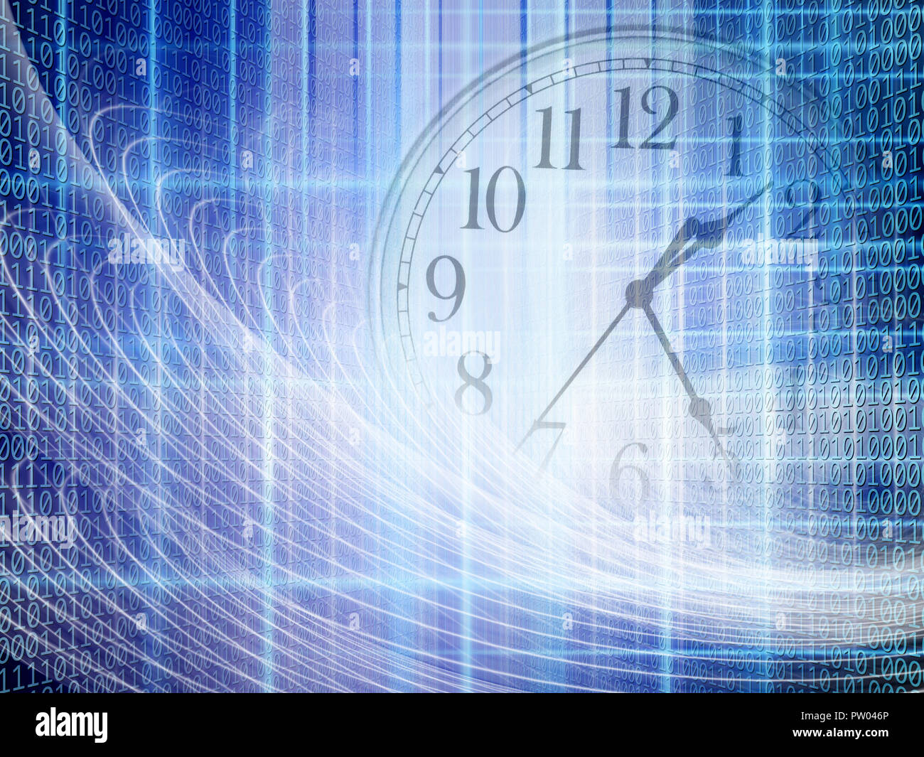 conceptual technology and time image of binary code with clock and abstract lights Stock Photo ...