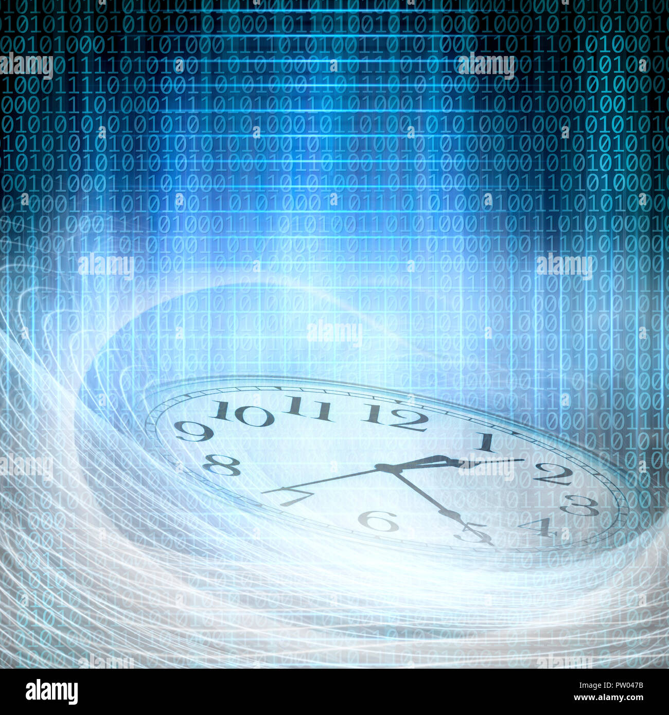 conceptual technology and time image of binary code with clock and abstract lights Stock Photo ...