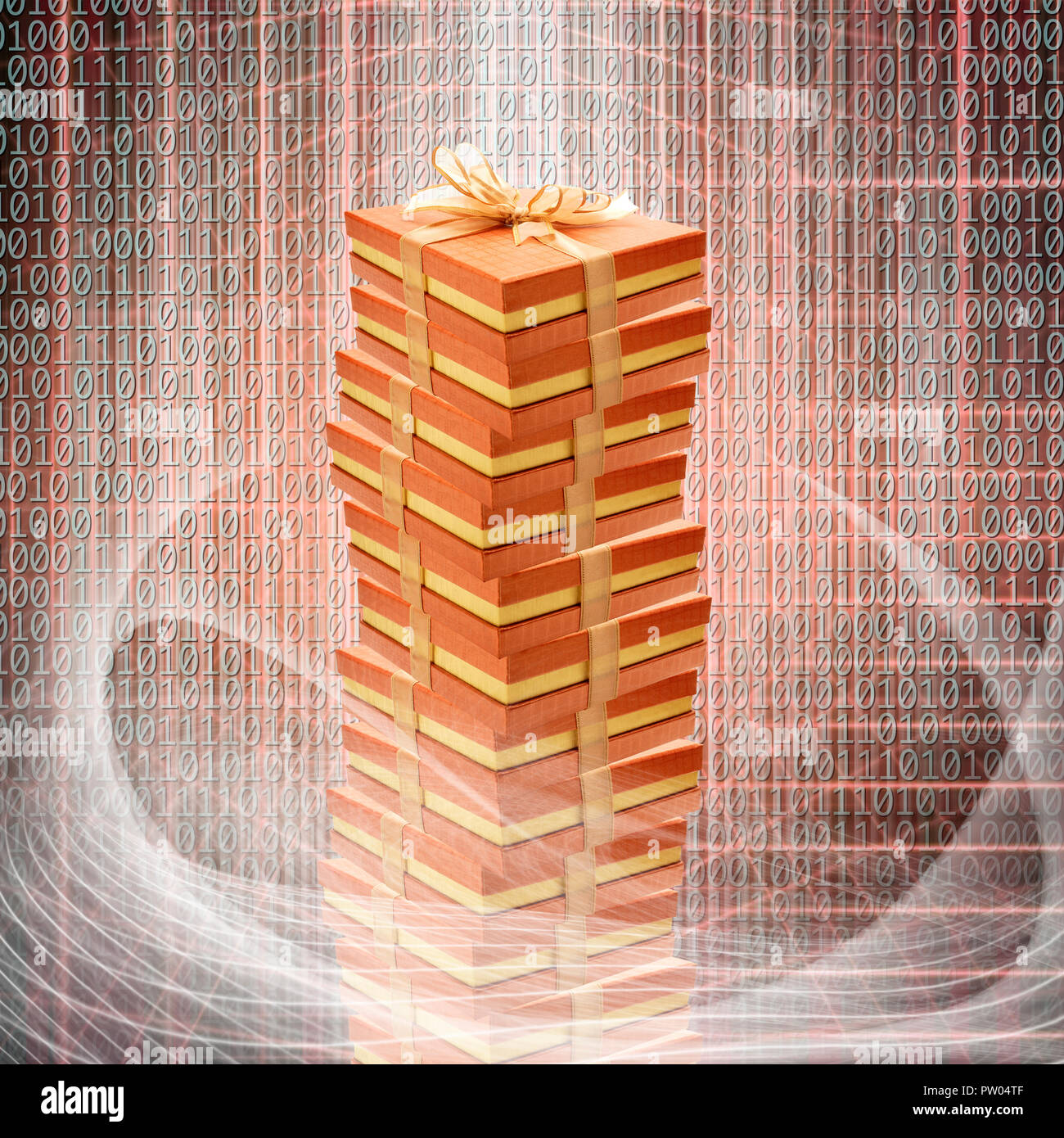 conceptual internet business illustration of binary code and shiny gift ...