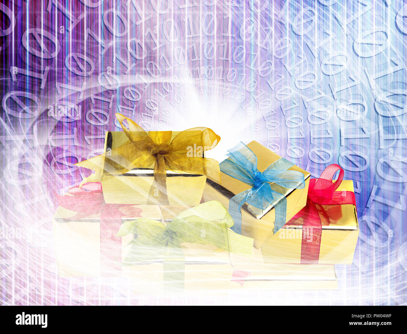 conceptual internet business illustration of binary code and shiny gift ...